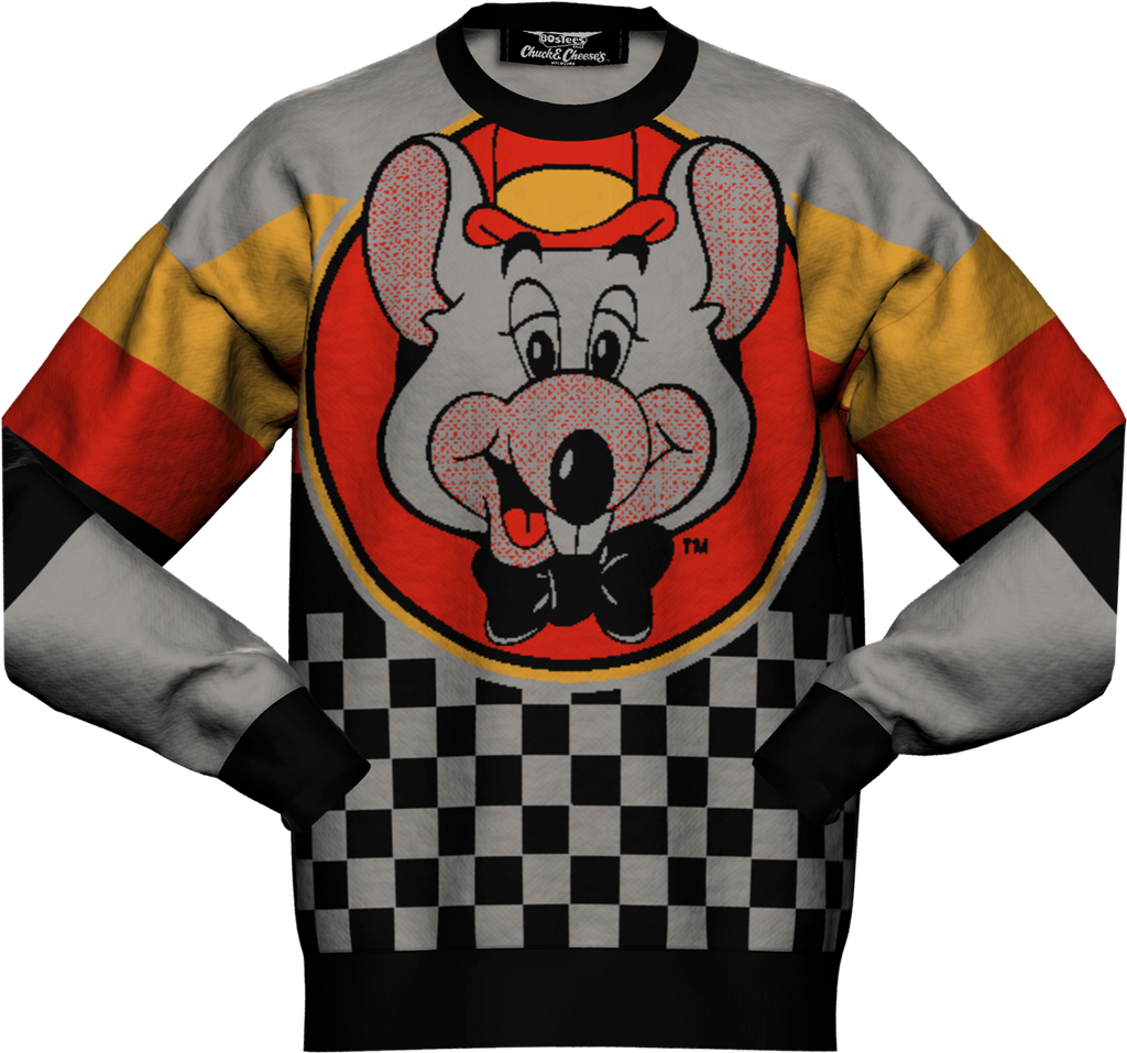 Checkerboard Character Chuck E. Cheese Knitted Sweater